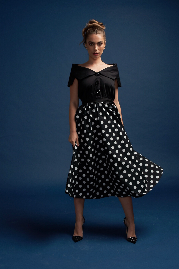 Tatiana Twirling dress with Cape Collar and Full skirt in Black & Whit – Deer You