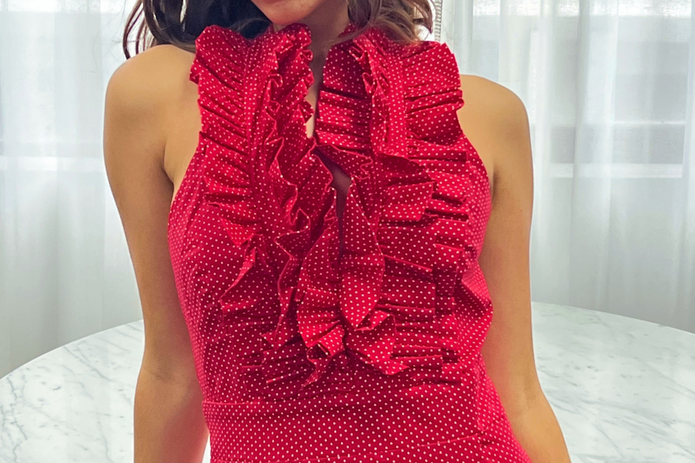Betsy Beauty Frill Neck Halter Dress in Red Pin Spot – Deer You